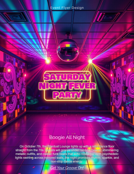 Retro neon vintage disco dance party flyer design template | PosterMyWall