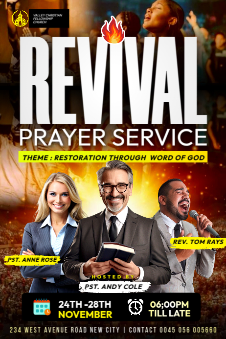 Revival Church Service Night Pastor Prayer Concert Event Invitation ...