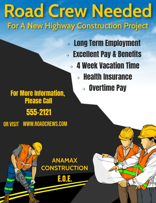 ROAD CREW NEEDED FLYER Template | PosterMyWall