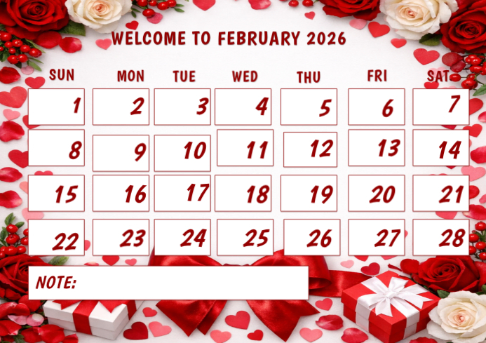 Modèle Romantic Rose February 2026 Calendar | PosterMyWall