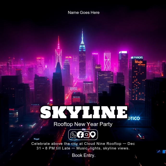 Rooftop New Year Party Instagram Square with Neon Retro City Vibes ...