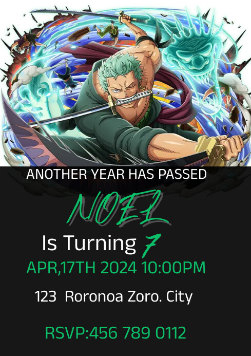 Plantilla de Roronoa Zoro | Birthday Invitation | PosterMyWall