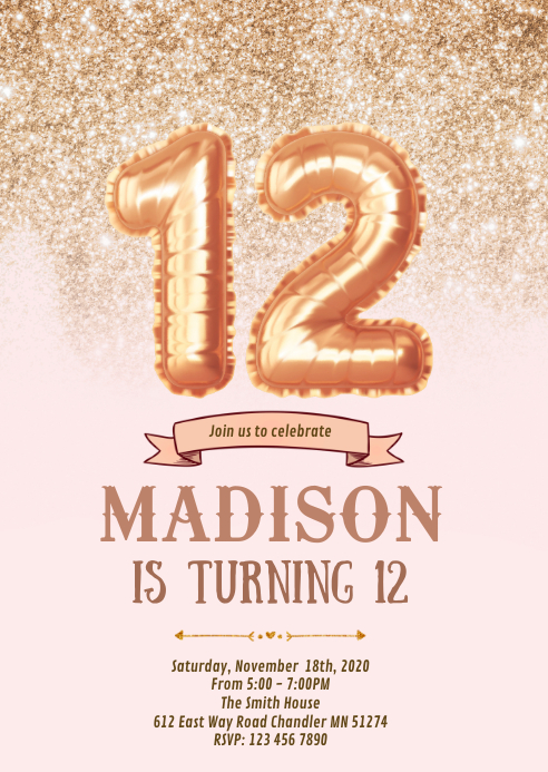 Rose gold 12th birthday Template | PosterMyWall