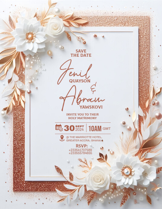 Rose Gold and White Wedding Invitation Template | PosterMyWall