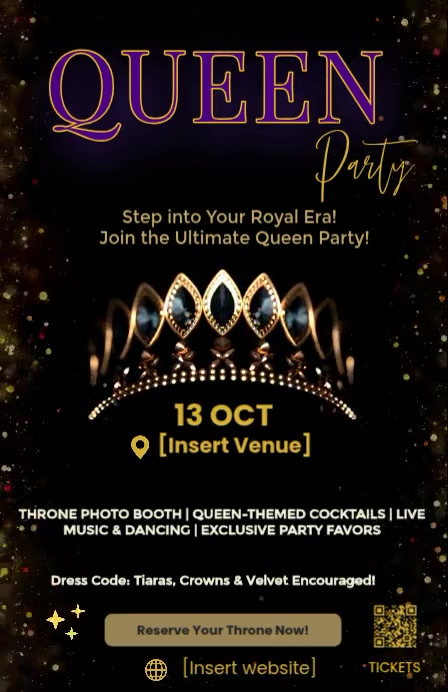 Royal Queen Party Flyer Template – Glam Gold Tiara Event Invite Tabloid ...