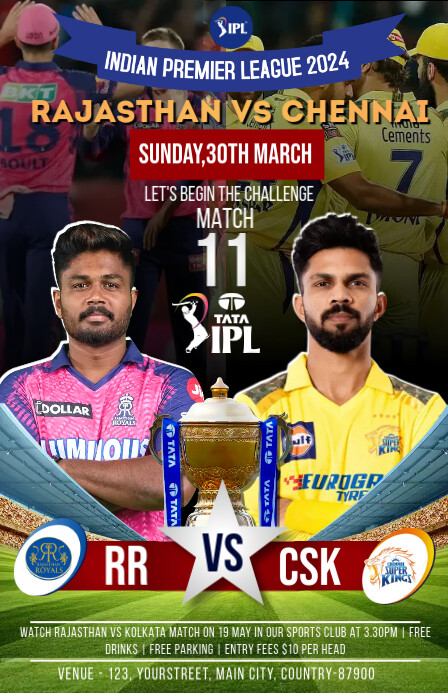 RR Vs CSK Ipl Cricket Match Poster Template | PosterMyWall
