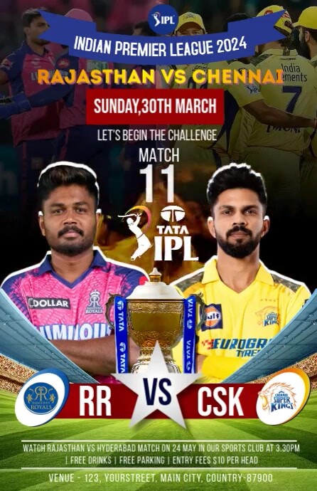 Copy of RR Vs CSK Ipl Cricket Match Poster Template | PosterMyWall
