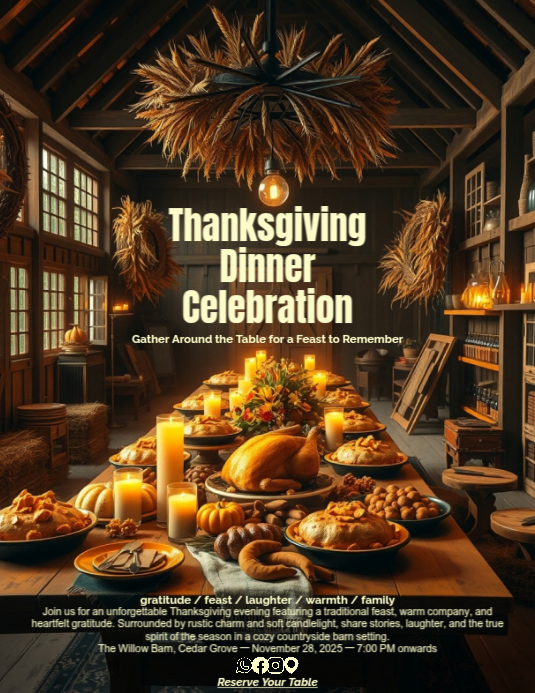 Rustic Barn Thanksgiving Feast Flyer Design with Warm Golden Light ...