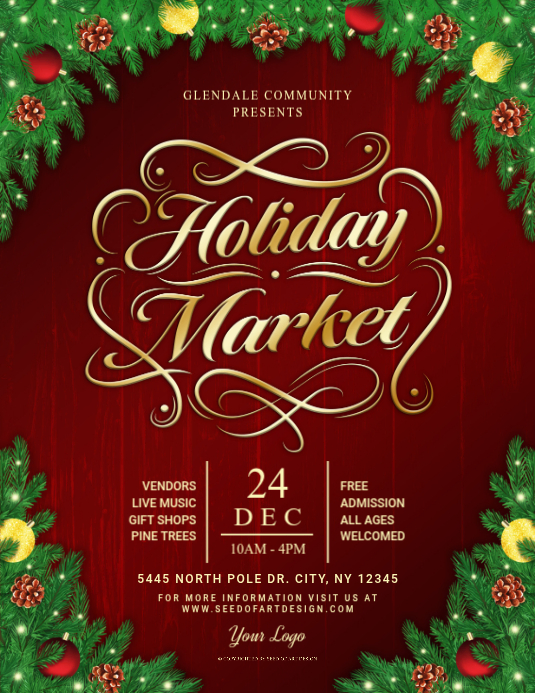 Rustic Red & Gold Christmas Holiday Market Event Flyer Template ...