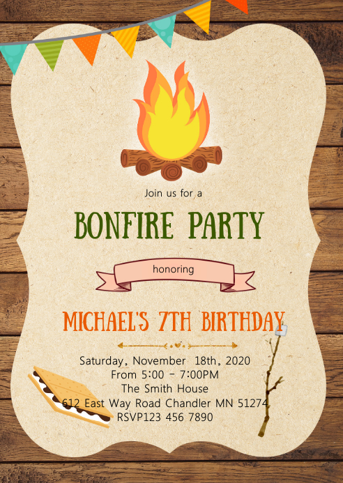 S'more Bonfire birthday party invitation Template | PosterMyWall