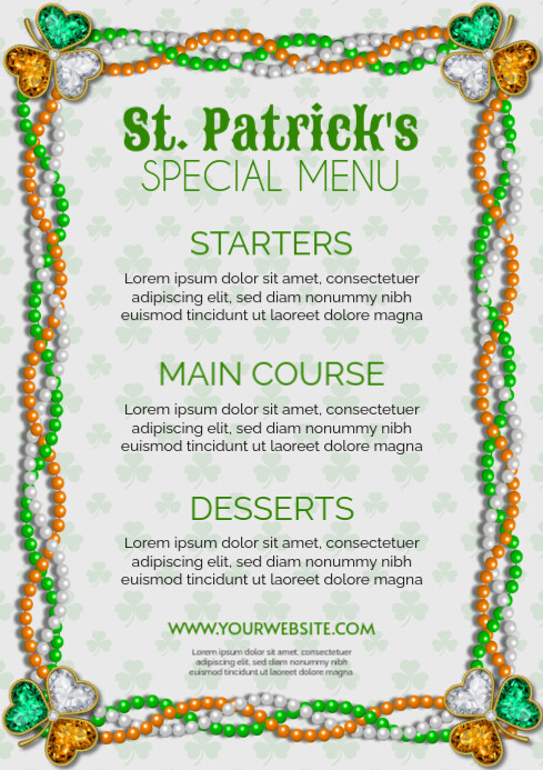 saint patrick's day special menu with beads and diamond clovers on ...
