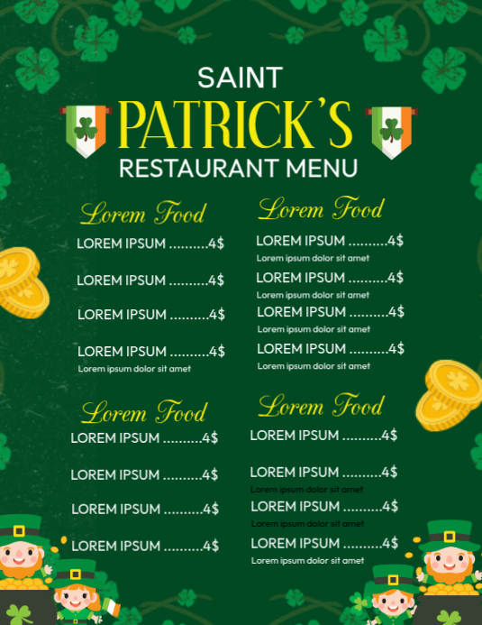 Plantilla de Saint Patrick Restaurant Menu | PosterMyWall