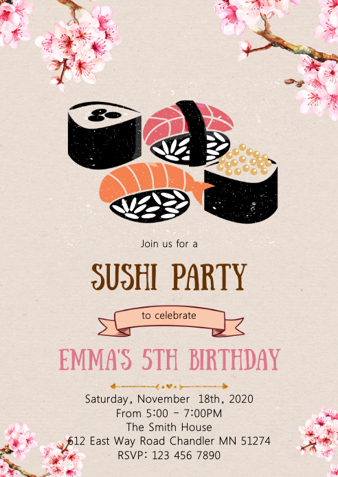 Sakura sushi birthday party invitation Template | PosterMyWall