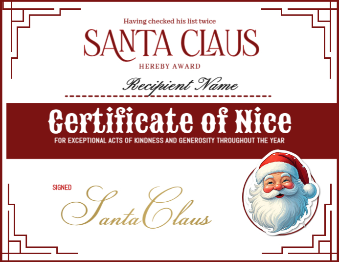 Santa Claus Certificate of Nice – Festive Holiday Award for Kids ...