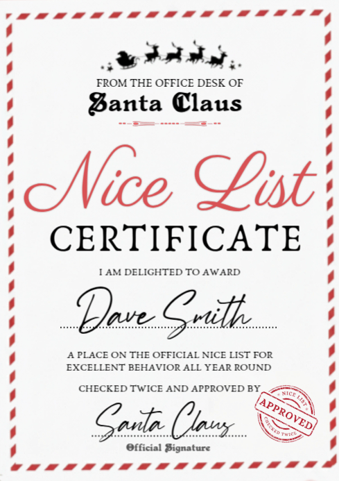 Santa Claus Nice List Certificate Printable Template | PosterMyWall