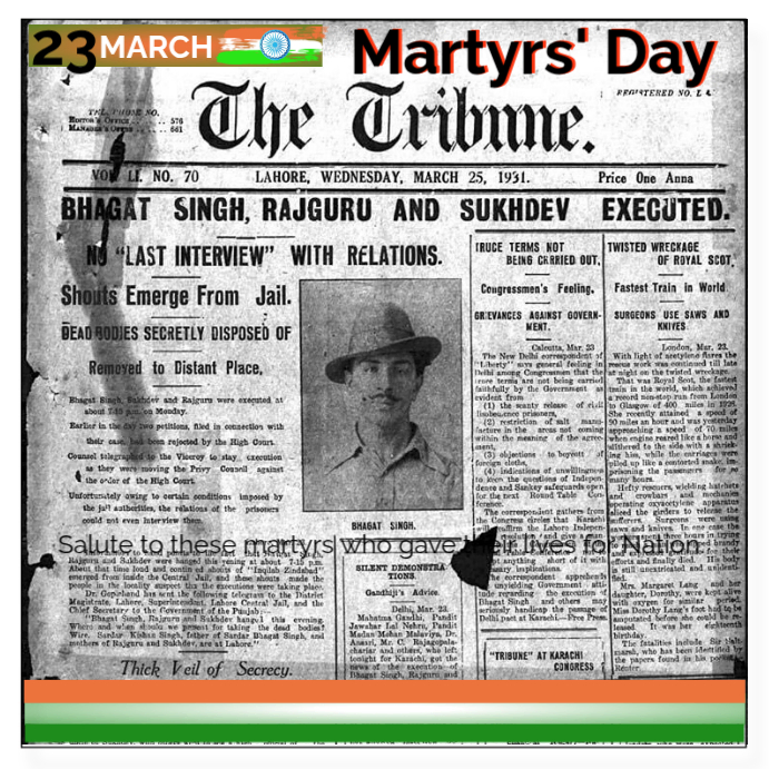 Sardar Bhagat Singh Sandhu, Sukhdev Thapar, Shivram Rajguru Martyrs ...