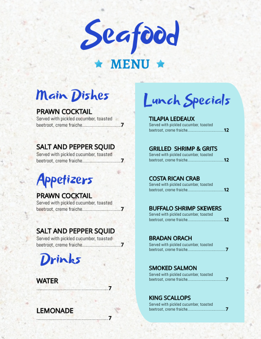 Seafood Menu Template | PosterMyWall