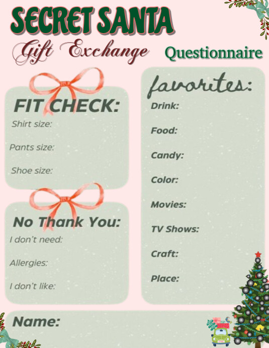 Secret Santa gift exchange questionnaire Template | PosterMyWall