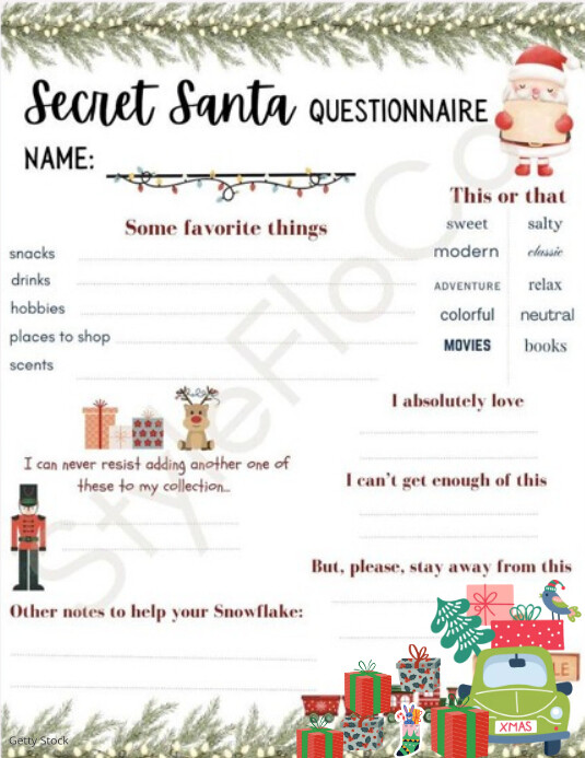 secret santa questionnaire Template | PosterMyWall