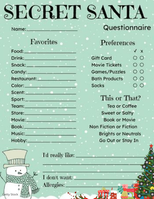 Secret Santa questionnaire form Template | PosterMyWall