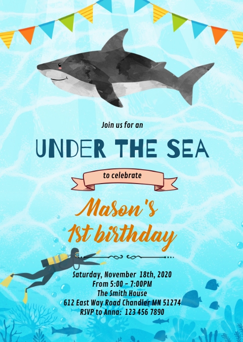 Shark and scuba birthday invitation Template | PosterMyWall