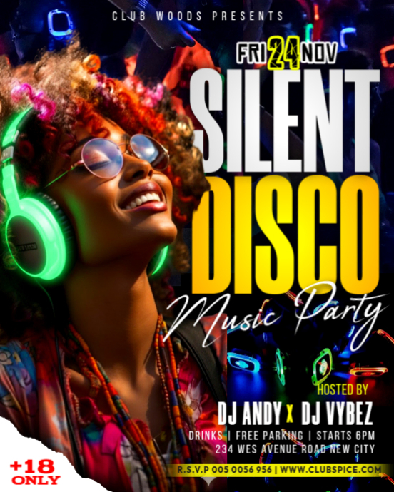Silent Disco Rave Music Dance Headphone Dj Night Club Quiet Party Invitation Flyer Template ...