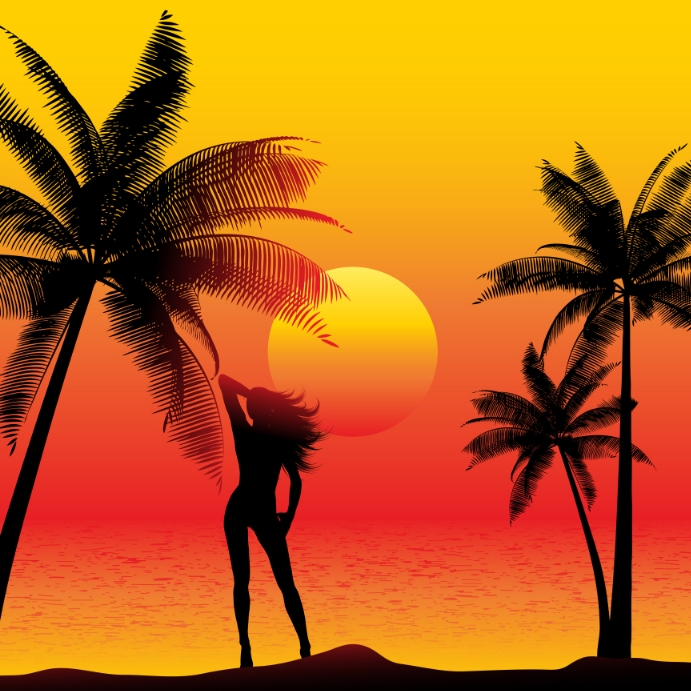Plantilla de Silhouette female sunset beach with palm tree | PosterMyWall