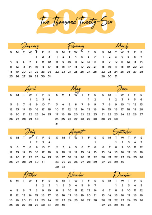 Simple Aesthetic Yearly Calendar 2026 A4 Template | PosterMyWall