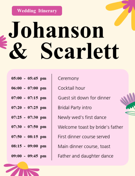 Simple Floral Weeding Events Rundown Flyer Template (Us Letter ...