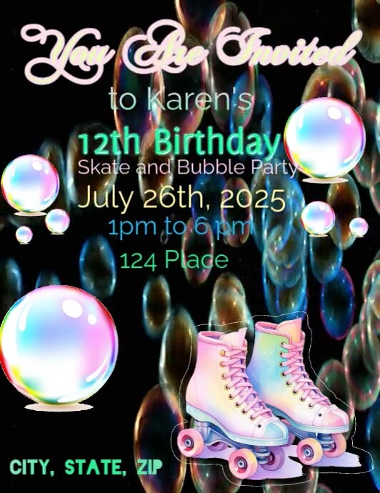 Skate and Bubble Birthday Invitation Template | PosterMyWall
