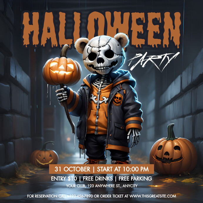 Copy of Skeleton Panda with Pumpkin Hallowen Party | PosterMyWall