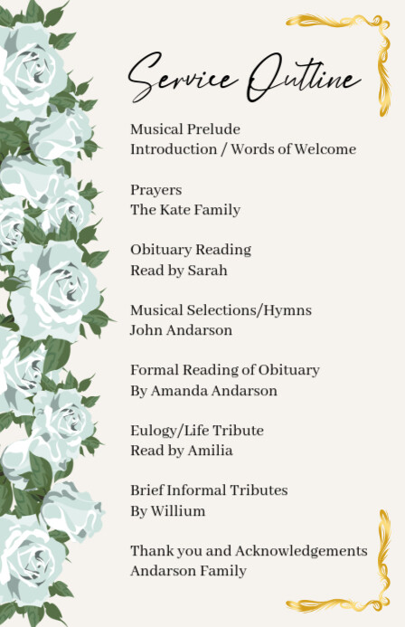 Sky Blue Rose Floral Order Of Service Half Page Wide Template ...