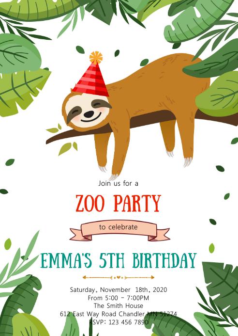 Sloth birthday party invitation Template | PosterMyWall