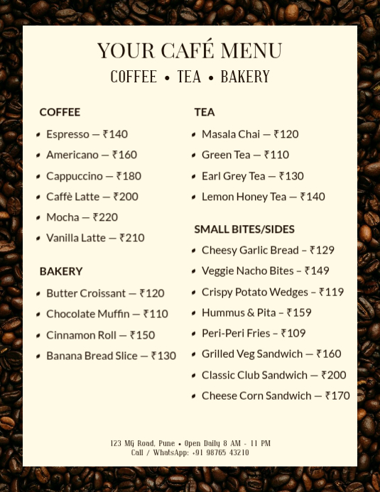 Small Cafe Menu Flyer Printable Template | PosterMyWall