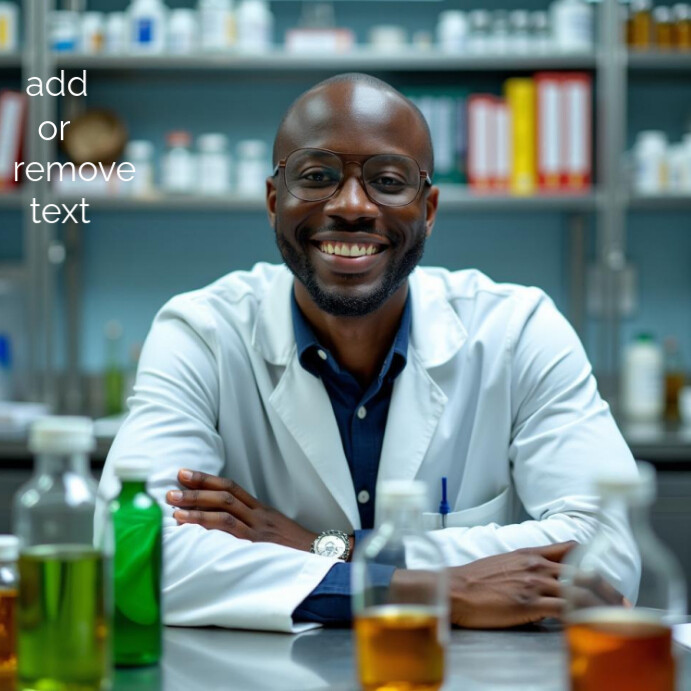 Smiling Scientist in Lab with Bottles and Pharmaceuticals Template ...