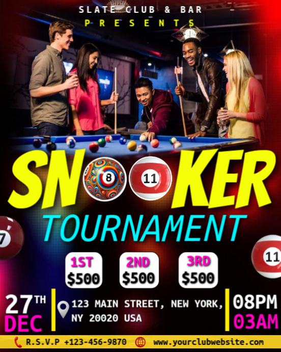 Snooker Tournament Party Flyer Editable Pool Game Club Event Poster ...
