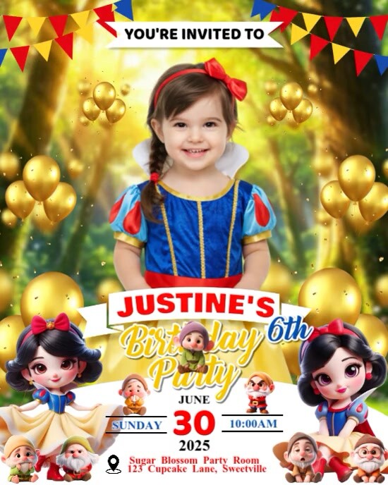 SNOW WHITE THEME BIRTHDAY INVITATION FOR KIDS Templat | PosterMyWall