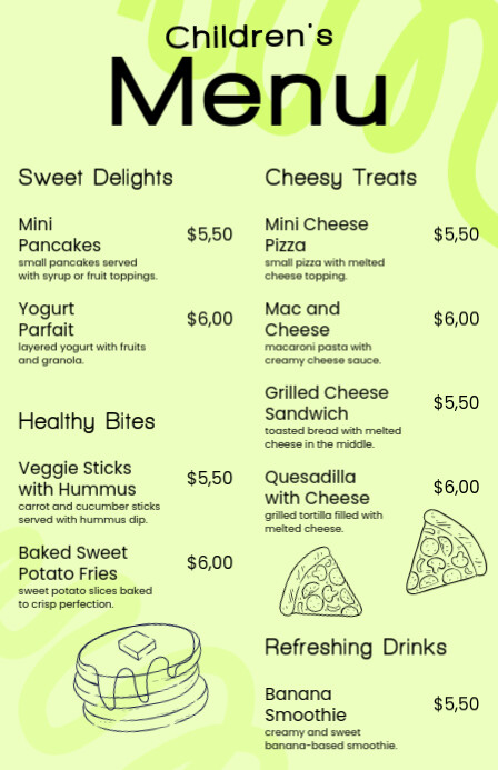 Copy of Soft Green Modern Children's Food Menu List Template (Half Page ...