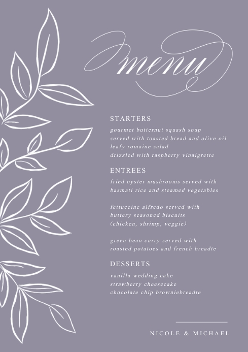 Soft Violet Elegant Leaves Wedding Menu | PosterMyWall