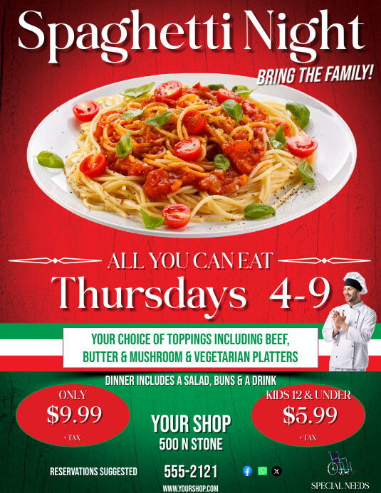 Spaghetti Night Flyer Template | PosterMyWall