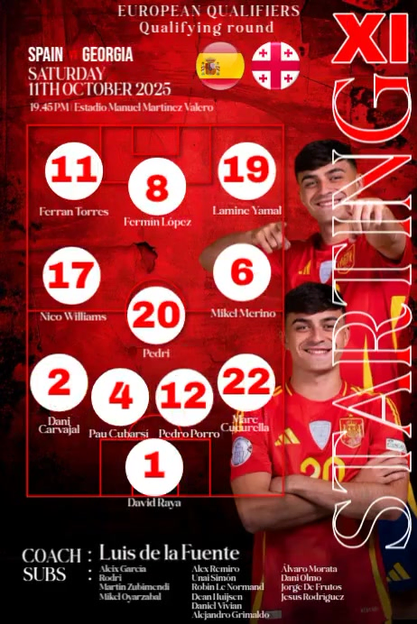 SPAIN VS GEORGIA STARTING ELEVEN POSTER TEMPLATE | PosterMyWall