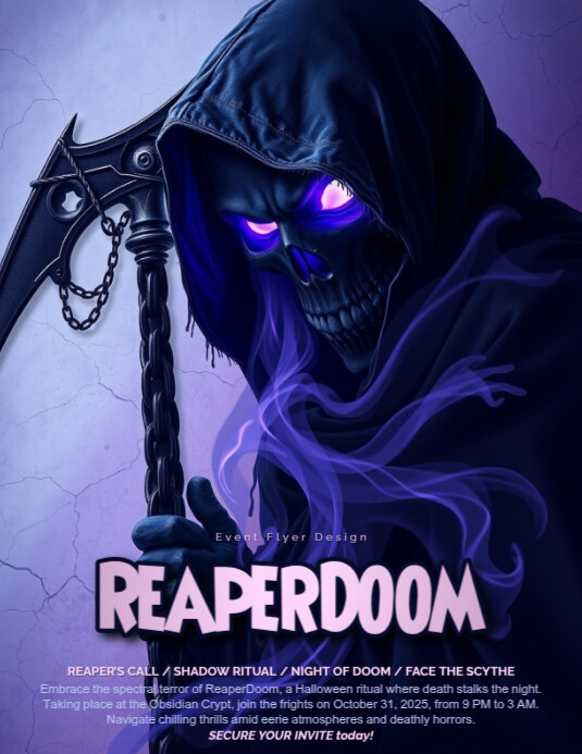 Spectral Hooded Reaper Halloween Ritual Flyer Design Template ...