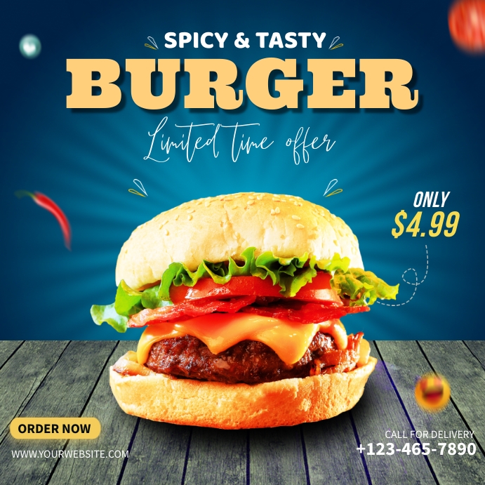 Spicy & Tasty Hamburger Ads Template | PosterMyWall