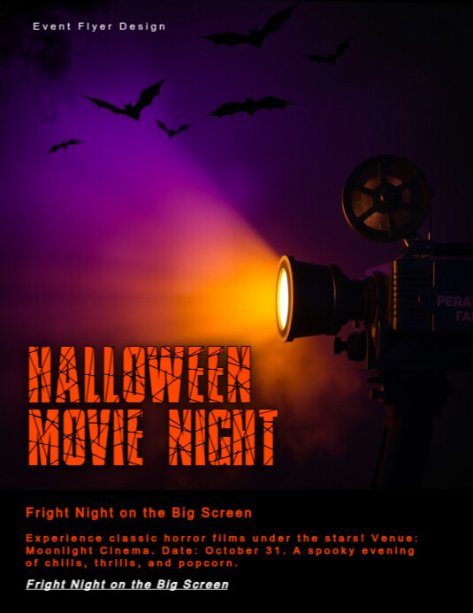 Spooky cinematic halloween movie night flyer design template เทมเพลต ...
