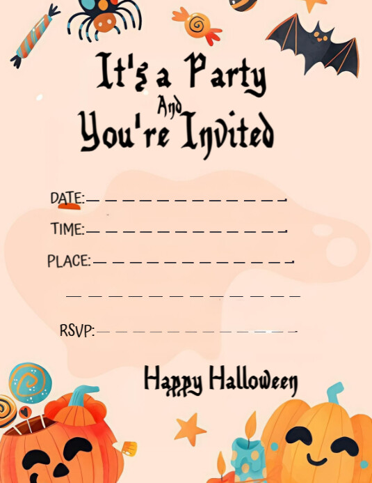Spooky Cute Halloween Party Invitation with Pumpkins and Bats Template ...