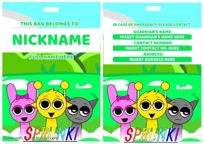 Sprunki ID/Bag Tag & name tag label Templat | PosterMyWall