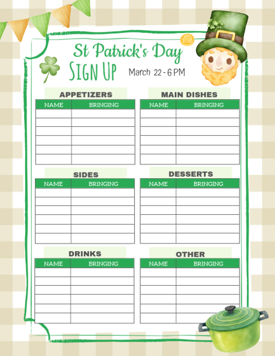 St. Patrick's Day Potluck Sign-up Template | PosterMyWall