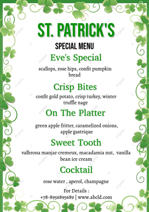 St Patricks Day Menu A4 Template | PosterMyWall