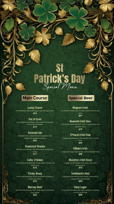 st patricks day menu Template | PosterMyWall