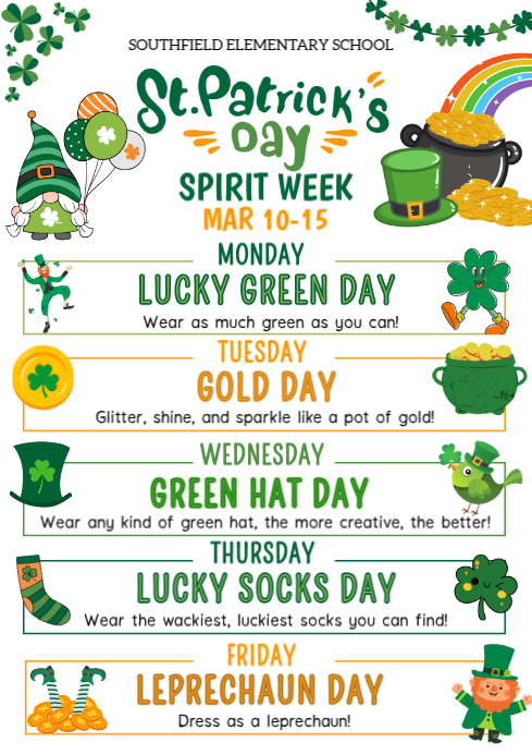 St Patricks Day School Spirit Week Flyer Template | PosterMyWall